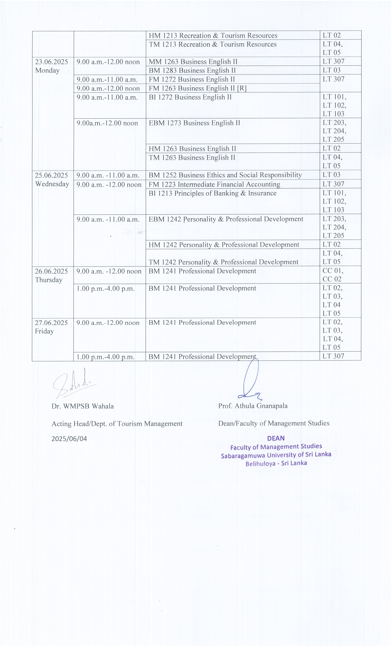 Notice : Revised Examination Timetable – June 2025 | Faculty of Management Studies
